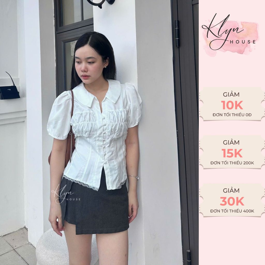 Áo sơ mi tay bồng nhún ngực 2 màu trắng, đen dáng ngắn cúc bọc có dây thắt eo - Klyn House ...
