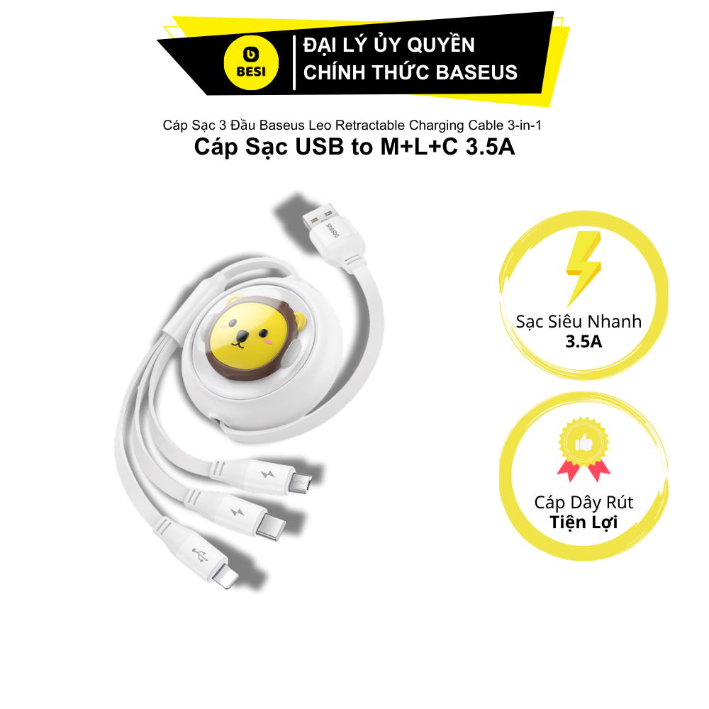 Cáp Sạc Rút Gọn Baseus Leo 3 trong 1 | Đầu USB to M+L+C 3.5A, Chống Rối ...