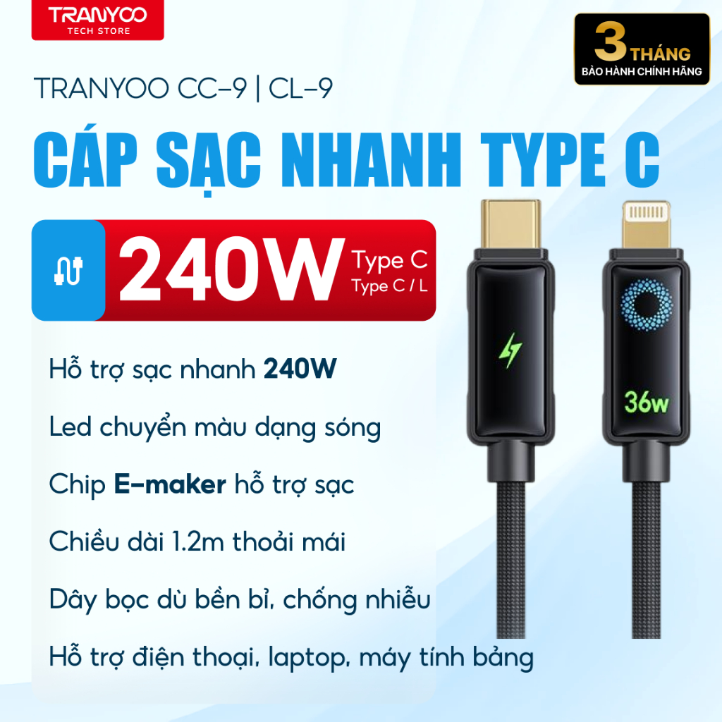Cáp Sạc Nhanh TRANYOO CC-9 | CL-9 Sạc Nhanh 240W Led Chuyển Mau và Tự Động Ngắt Khi Sạc Đầy ...