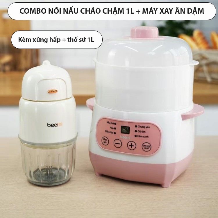 (CHÍNH HÃNG) COMBO Nồi nấu cháo chậm 1L Beemi + máy xay ăn dặm 8L cao ...