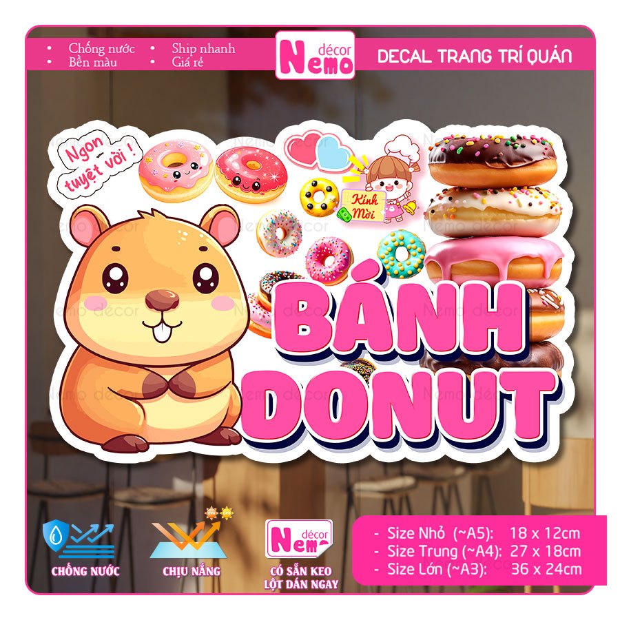Decal Trang Trí Bánh Donut, Tranh Dán Tiệm Bánh, Quán Ăn, Dán Tường, Tủ ...