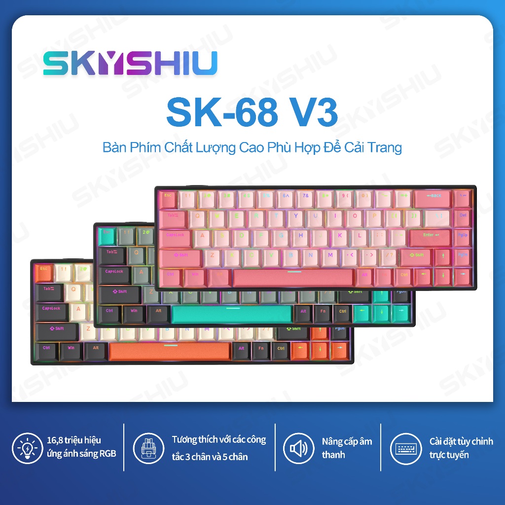 SKYSHIU Bàn phím cơ có dây SK68 V3 có dây led RGB hotswap có thể thay ...