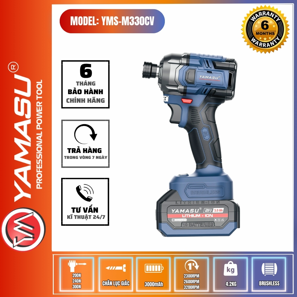 Máy chuyên vít pin Yamasu YMS-M330CV lõi đồng động cơ không chổi than với chân pin phổ thông ...