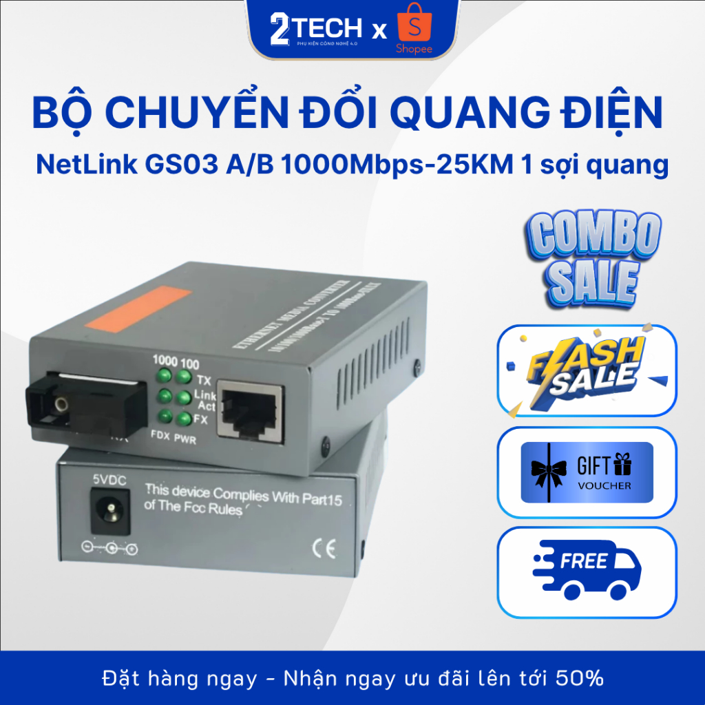 [2TECH] Combo 5 Bộ chuyển đổi quang, Converter quang NetLink GS03 A/B 1000Mbps-25KM 1 sợi quang ...