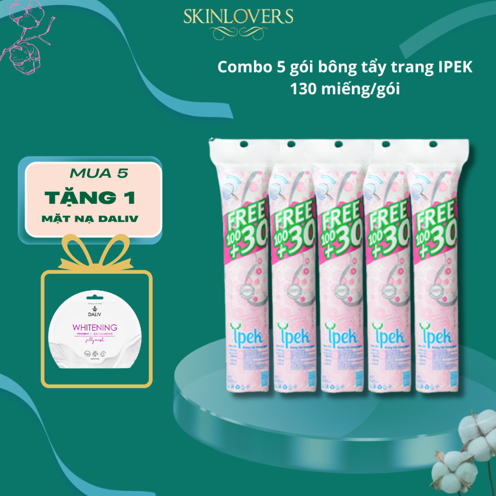 Combo set 5 gói bông tẩy trang ipek thổ nhĩ kì 130 miếng x 5 gói mềm mịn, chất liệu cotton 100% ...