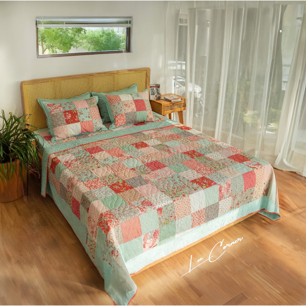 Set chăn gối quilt ghép vuông chần máy, LEE CORNER, vải Thô Hàn 100% cotton, kích thước 2x2,2m ...