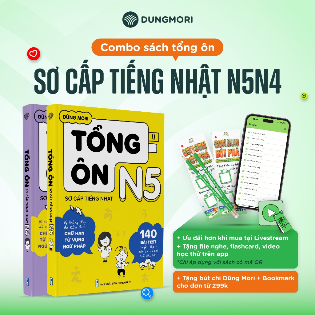 Combo Tổng Ôn Sơ Cấp Tiếng Nhật N5, N4 Hệ Thống Kiến Thức Chữ Hán Từ Vựng Ngữ Pháp N5, N4 Dũng ...