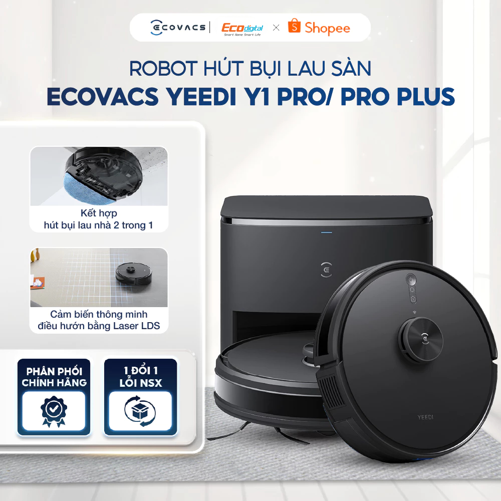 Robot hút bụi lau nhà Ecovacs Y1 Pro Plus lực hút 6500Pa cảm biến thông minh, chống va chạm, kết ...