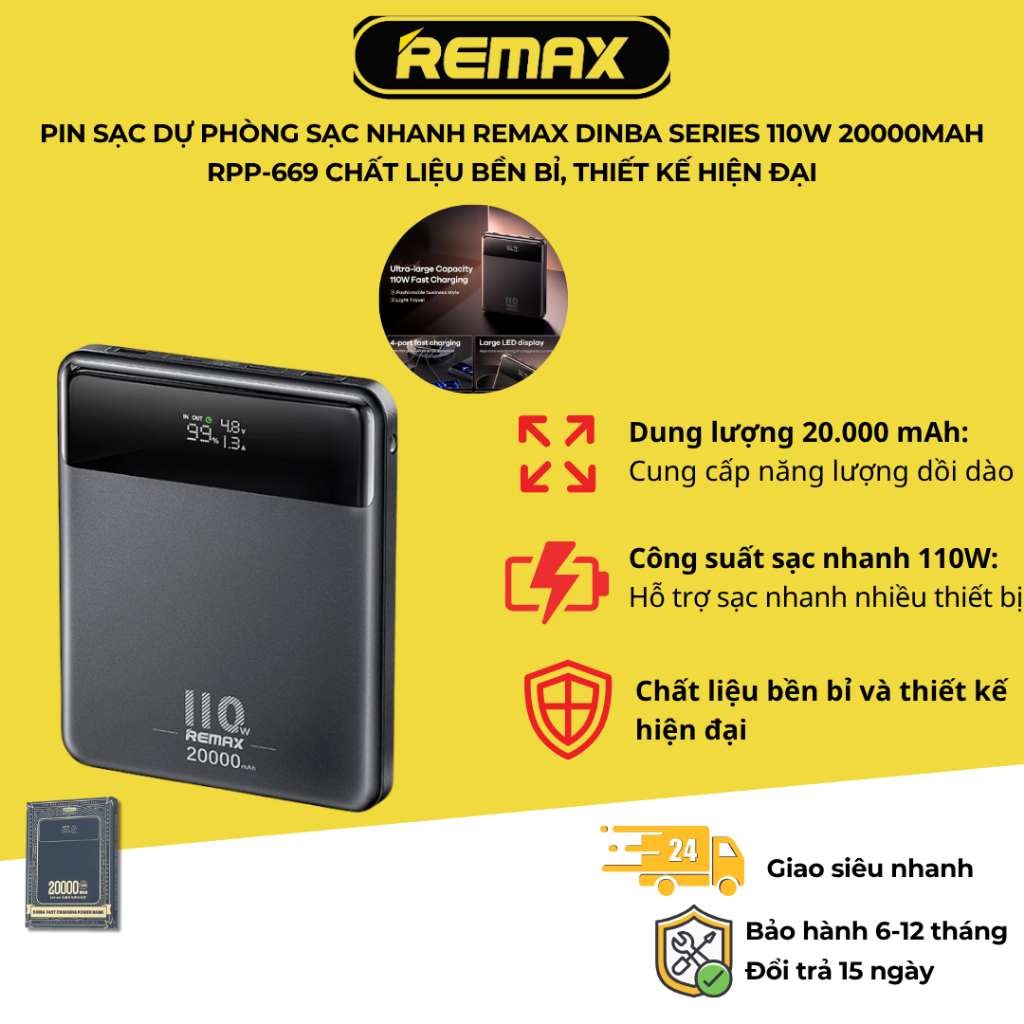 Pin sạc dự phòng sạc nhanh REMAX Dinba Series 110W 20000mAh RPP-669 ...
