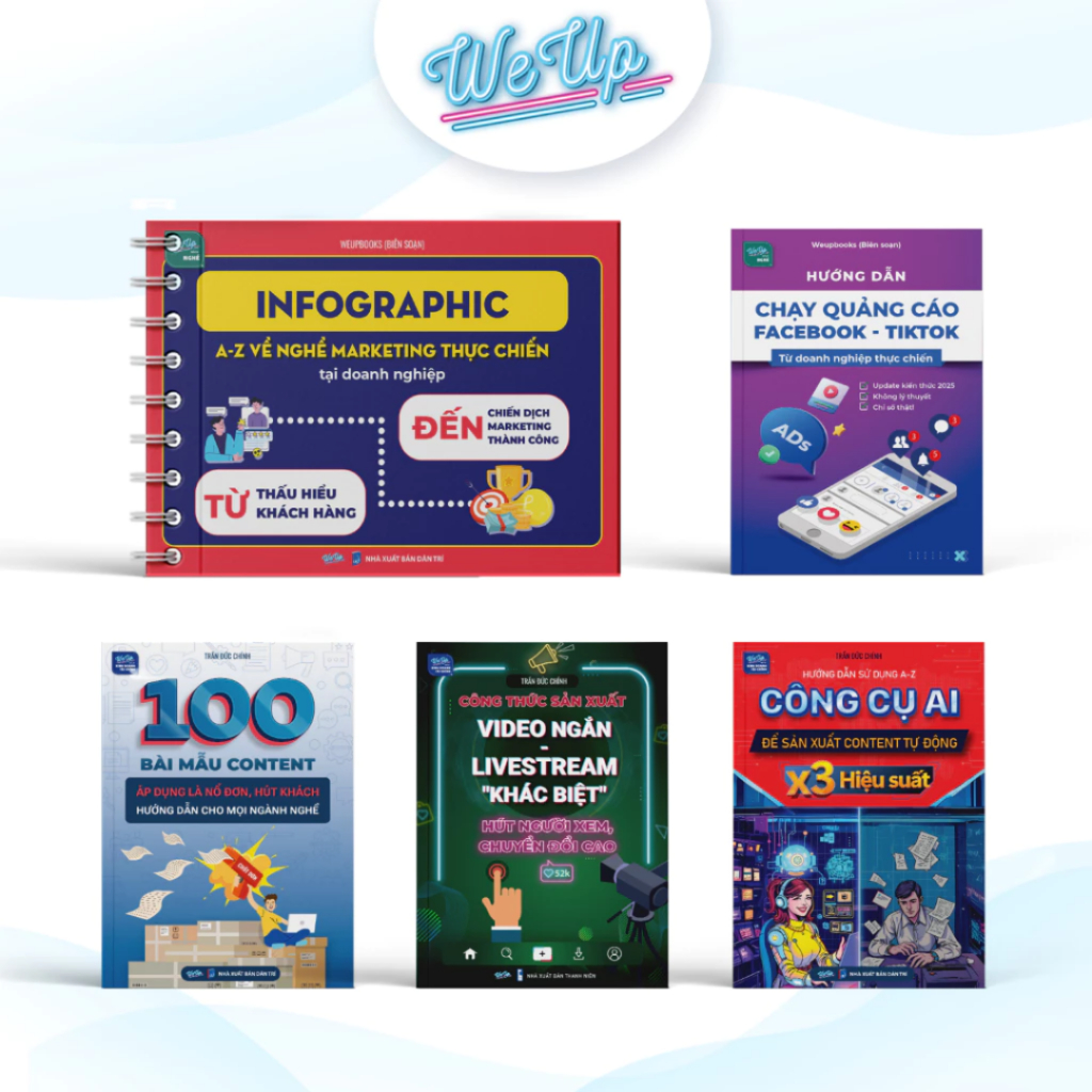 Combo 5 sách: Infographic Marketing, 100 Bài mẫu content, Video ngắn, Công cụ AI, Hướng dẫn chạy ...