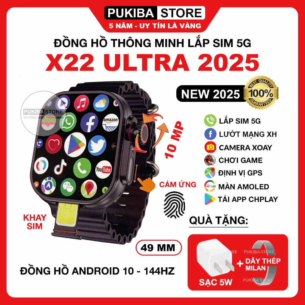 Đồng Hồ X22 Ultra 2025/ Ultra 6 Promax Lắp Sim 5G, Camera 10MP, 144Hz, Wifi, Lướt MXH, Tải App ...