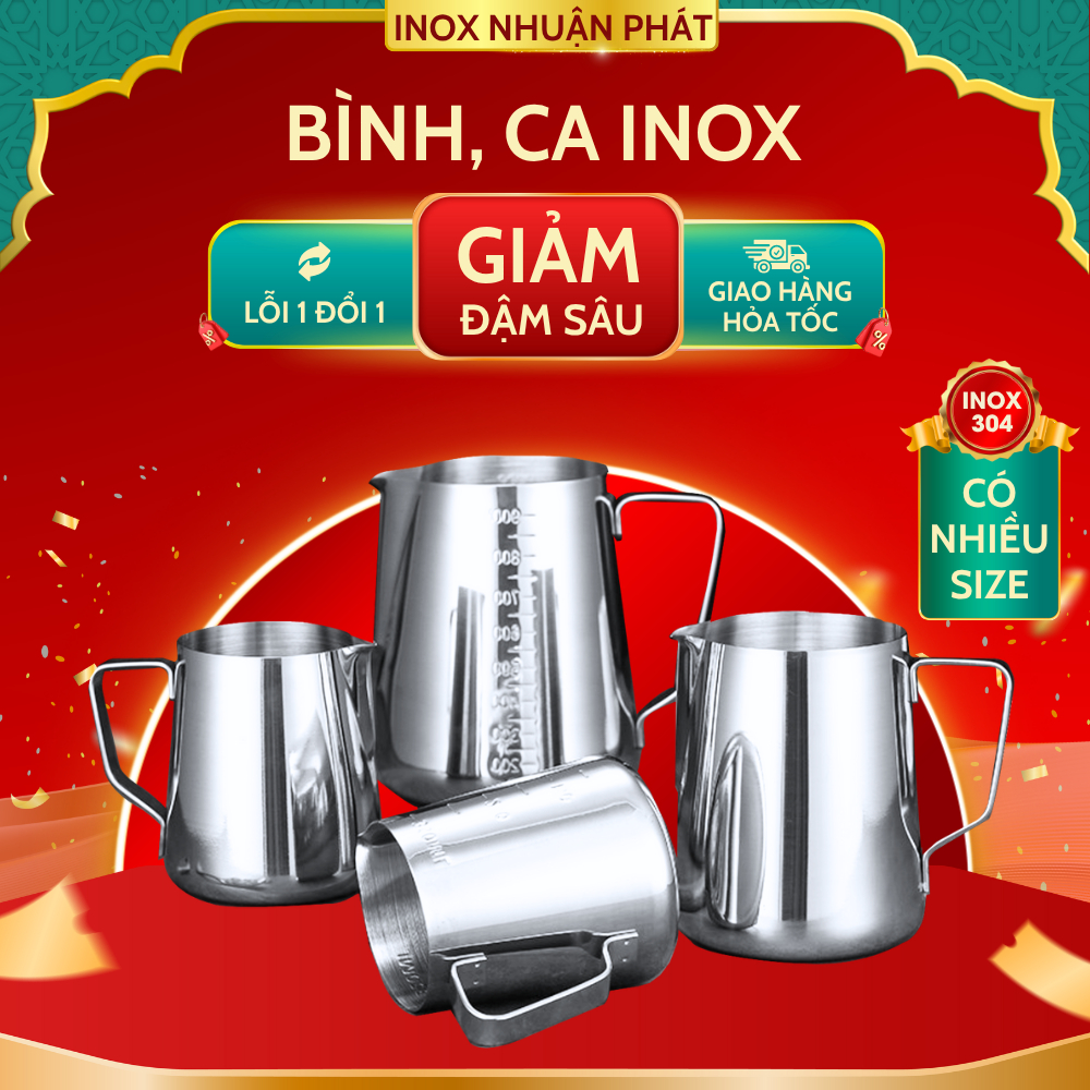 Ca đánh sữa inox,Ca Đong Inox 304 Có Vạch Chia NHUẬN PHÁT inox có chia vạch 2 mặt,350ml - 2000ml ...