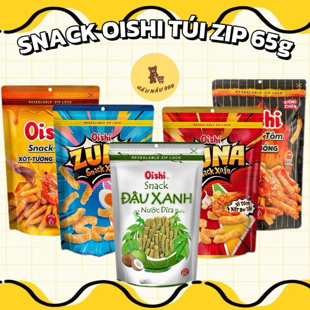 COMBO Snack BIM BIM Oishi TÚI ZIP các vị 65g (Tôm Cay Nồng, Tôm Mật Ong ...