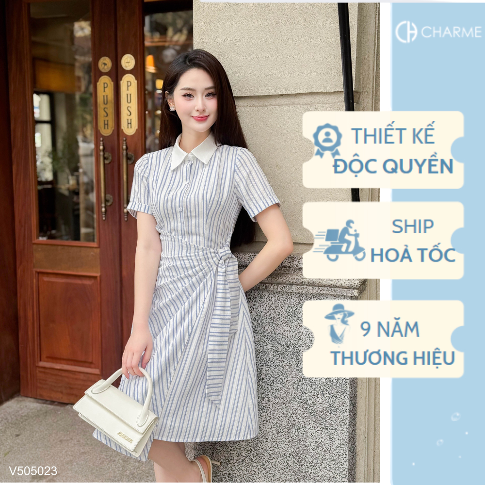 Đầm sơ mi đi làm đi chơi cổ đức thắt chéo nơ eo Charme Store 505023 ...