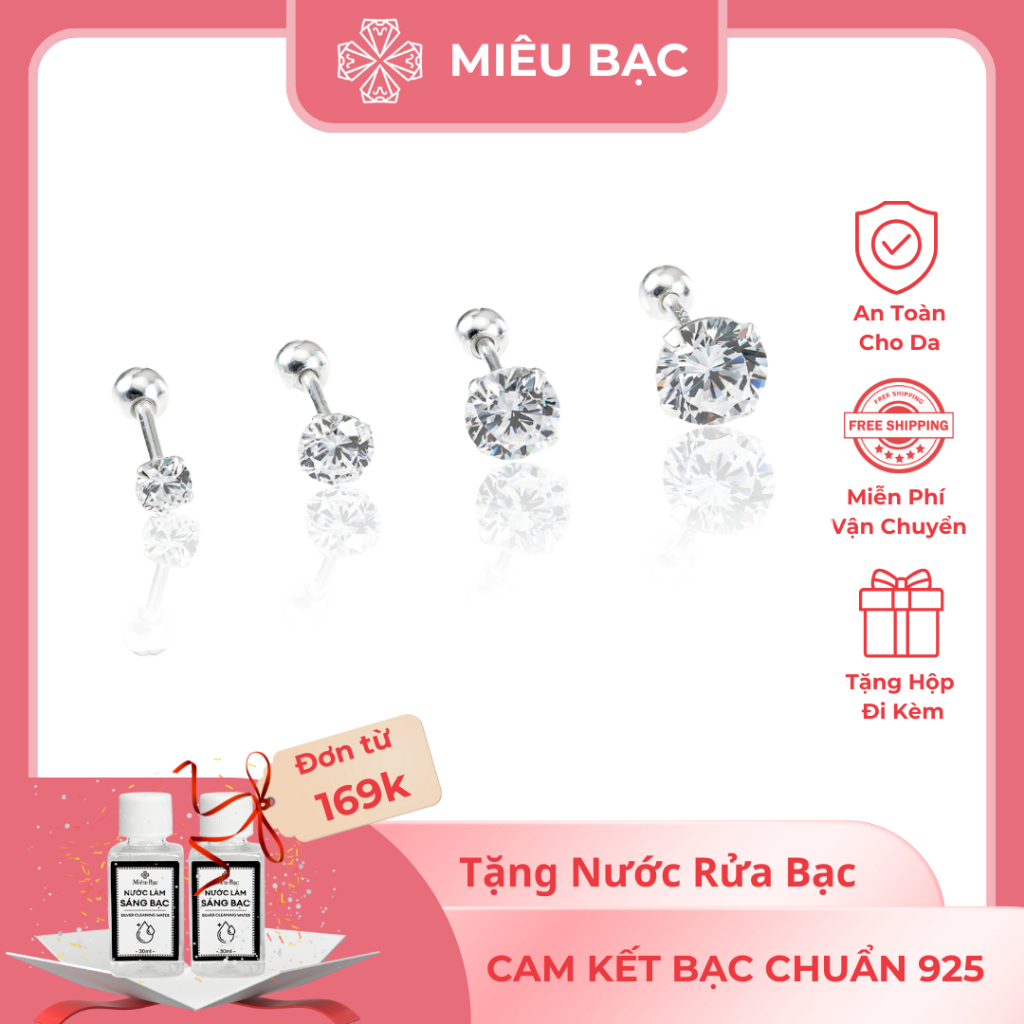 Bông tai bạc nam nữ Miêu Bạc khuyên tai unisex tròn nụ đá chốt vặn cá tính chất liệu bạc S925 2 ...