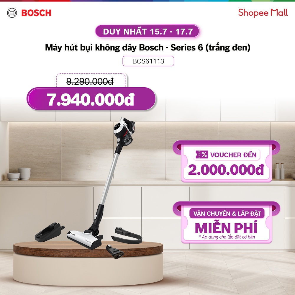 [15-17.7] Voucher Shopee đến 2TR | Máy hút bụi không dây Bosch BCS61113 - Series 6 (trắng đen ...