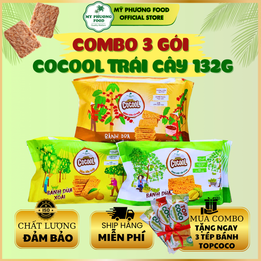 COMBO 3 Gói Bánh Dừa Nướng COCOOL Trái Cây 132G- Đặc sản Đà Nẵng,Mỹ Phương Food (Tặng 3 tép ...