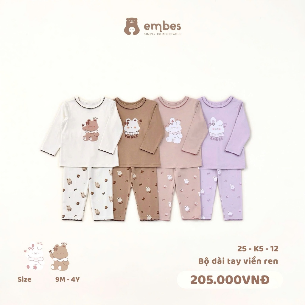 Bộ Quần Áo Thu Đông Phối Viền Ren Cho Bé Gái Embes, Bộ Dài Tay Chất ...