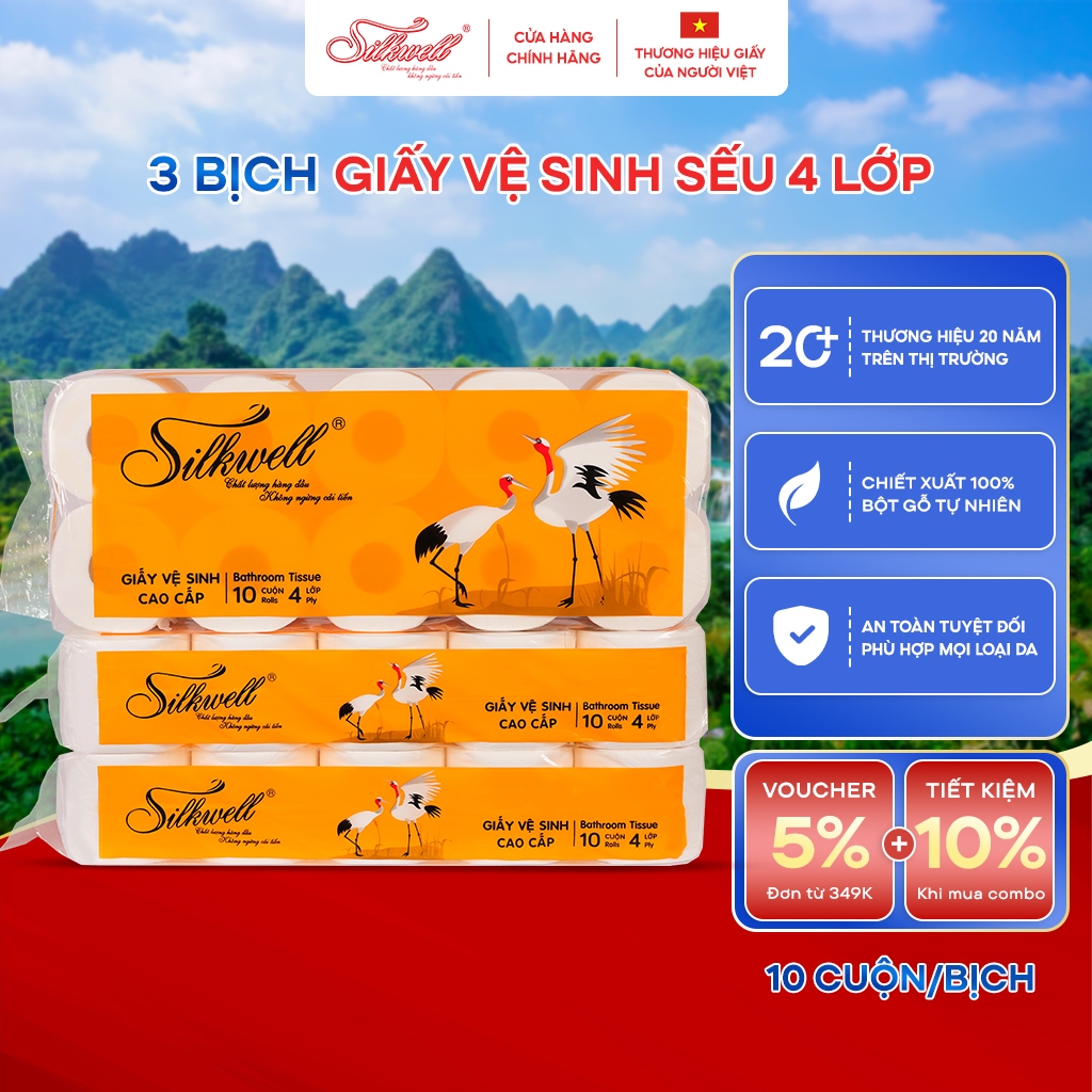 [Combo 3 Bịch] giấy vệ sinh cao cấp SILKWELL Sếu 4 lớp mềm mịn, đanh ...