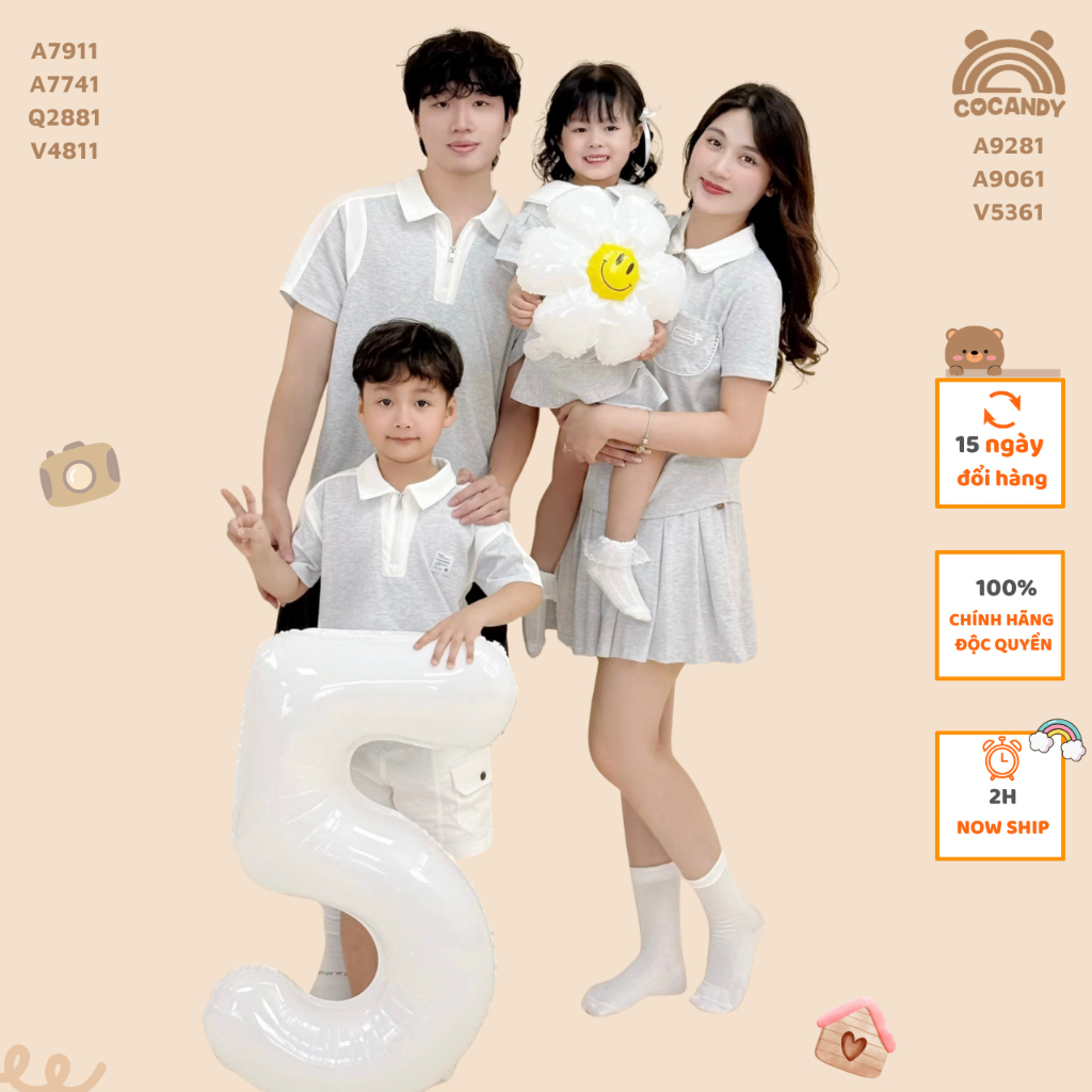 Set gia đình COCANDY -Áo cộc XÁM polo cổ khóa và Quần cộc TRẮNG túi ...