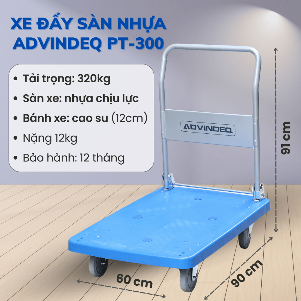Xe đẩy hàng 4 bánh gấp gọn sàn nhựa chịu lực 300kg ADVINDEQ PT-300, xe ...