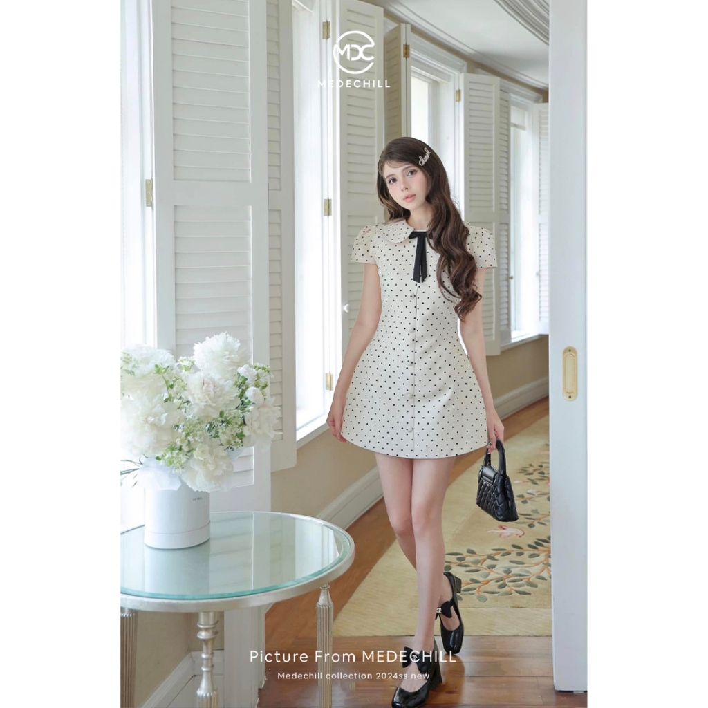 Đầm Tiểu Thư Chấm Bi MEDECHILL Đầm Chữ A Cổ Sen Gắn Nơ Chất Chéo Cao ...