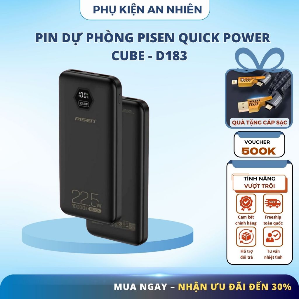 ( Có Chứng Nhận CCC /3C ) Pin dự phòng Pisen Quick Power Cube 22.5W 10.000mAh Power Bank D183 ...