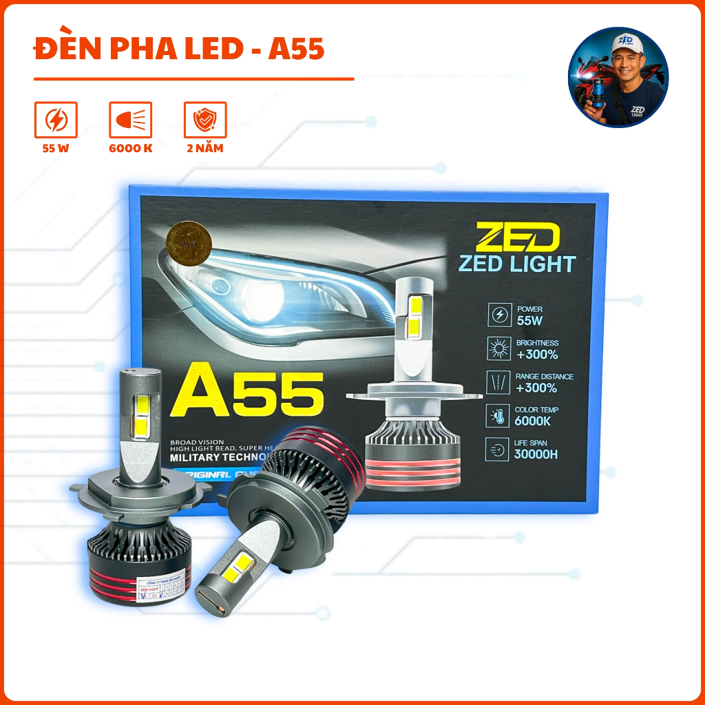 Đèn Pha LED A55 ZED LIGHT - 55W, 12 - 24V Điện Bình Chân H4 / H7 / H11 ...