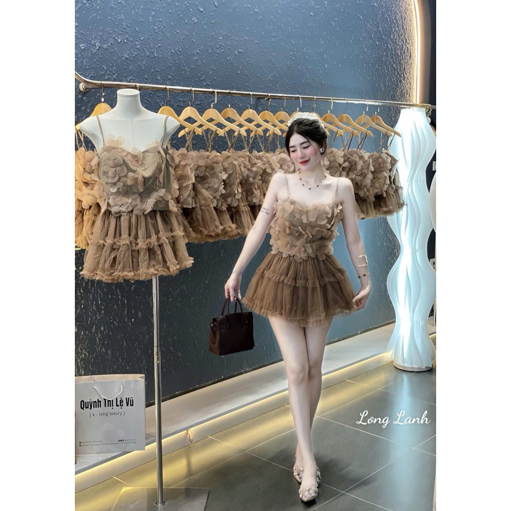 YUKSTORE-SET ÁO HAI DÂY NÂU HOA MIX CHÂN VÁY LƯỚI NÂU CÓ QUẦN BẢO HỘ LAL BLA | Shopee Việt Nam