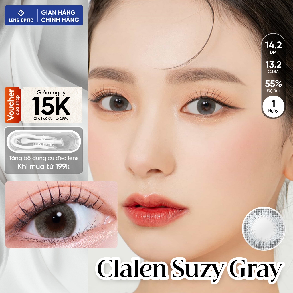 Lens 1 ngày Clalen màu Suzy Gray giãn tròng nhẹ 14.2, kính áp tròng cận ...