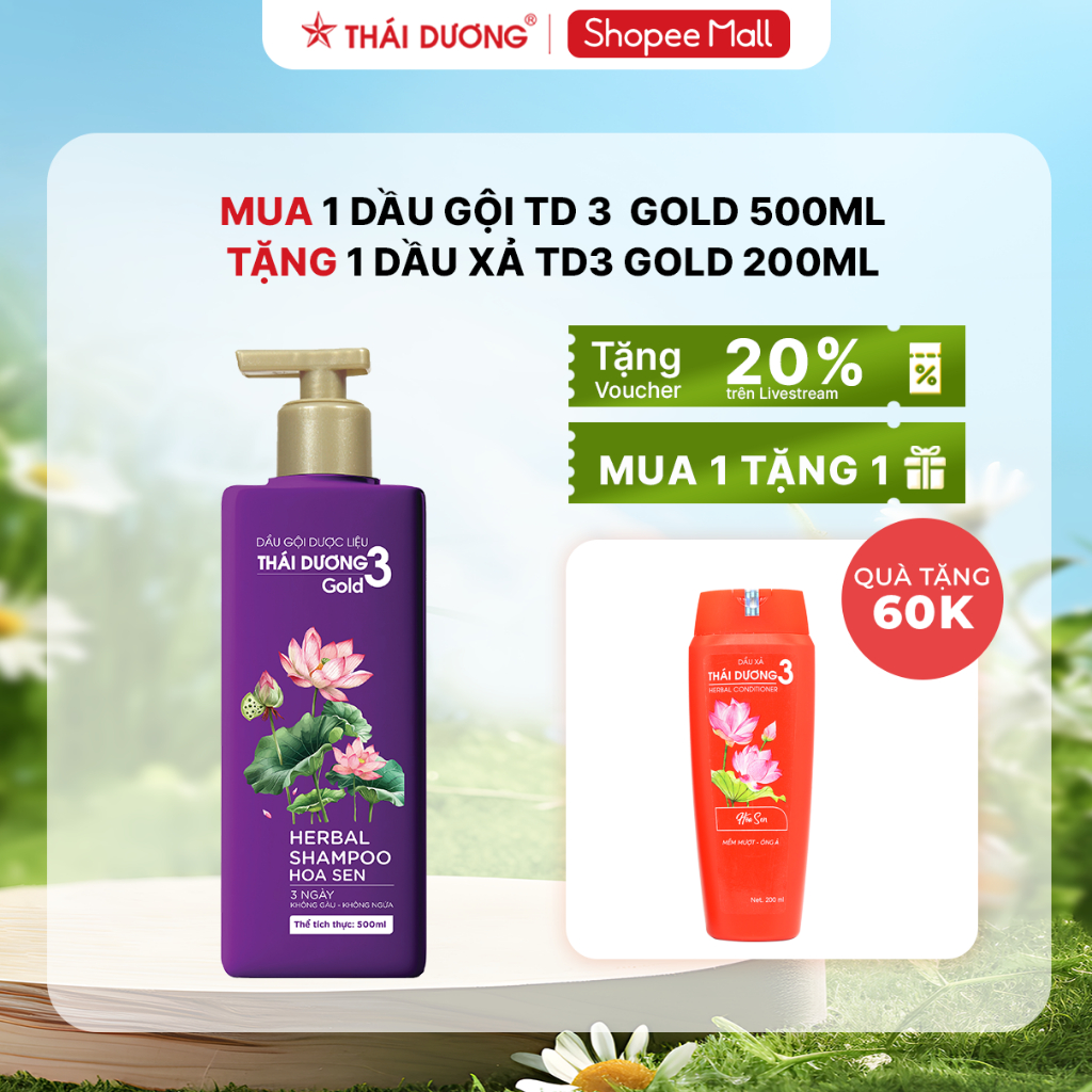 [Sale Tháng 7] Mua 1 Dầu gội Thái Dương 3 Gold HOA SEN 500ml Tặng Dầu xả Thái Dương 3 HOA SEN ...