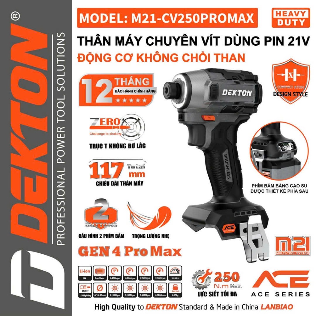 Thân máy chuyên vít dùng pin 21v Dekton Gen 4 promax M21-CV250PROMAX ...