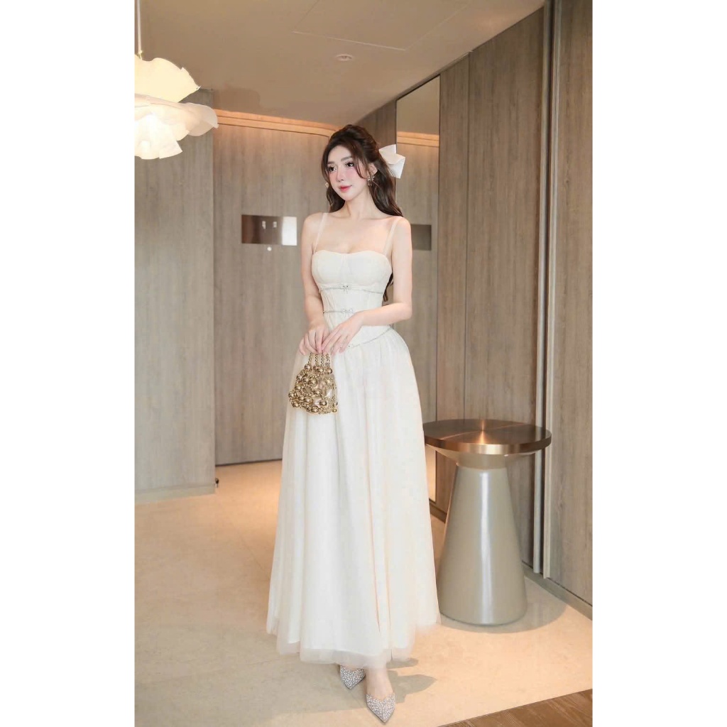 Đầm Dự Tiệc Hai Dây Cúp Ngực Phối Lưới Xòe Kèm Tag Nơ - D1191 | Shopee ...