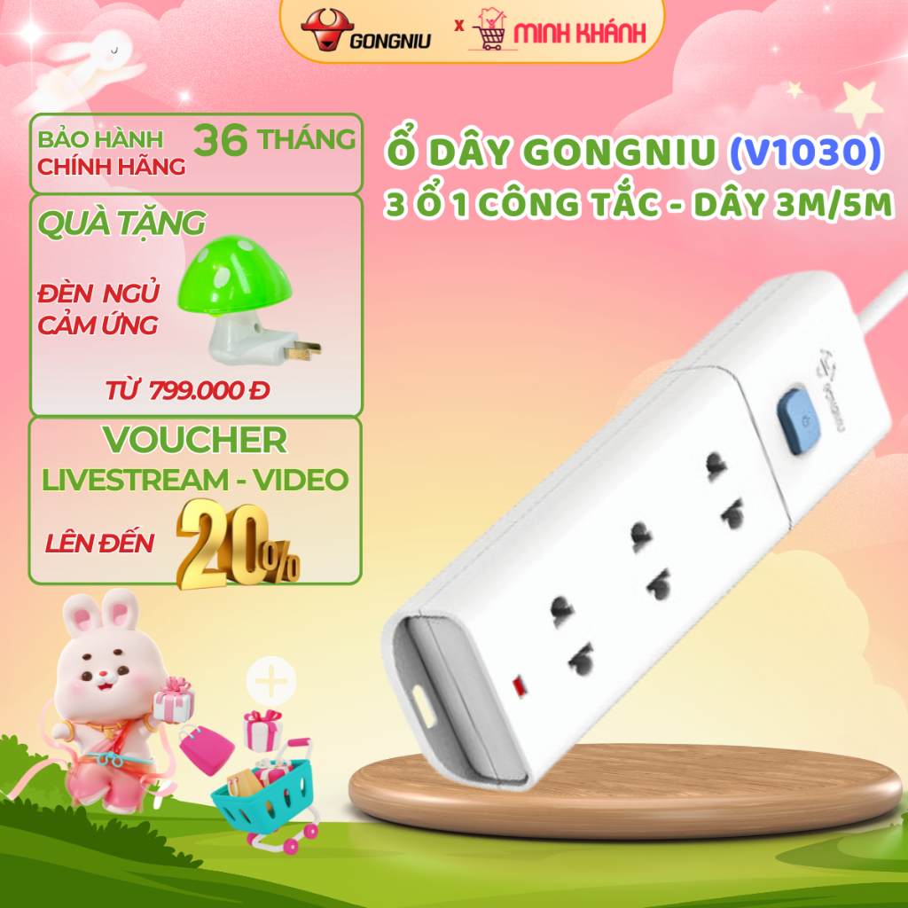 Ổ cắm điện Gongniu GNVN-V1030 - Chống cháy lan, 3 ổ một công tắc, ổ cắm an toàn cho gia đình bạn ...
