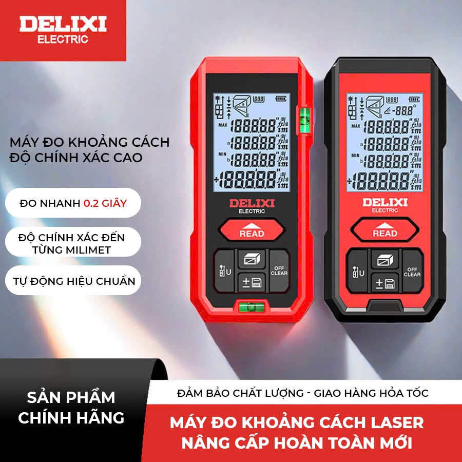 Thước Đo Khoảng Cách Laser Delixi Màn Hình LCD Tính Diện Tích Thể Tích ...
