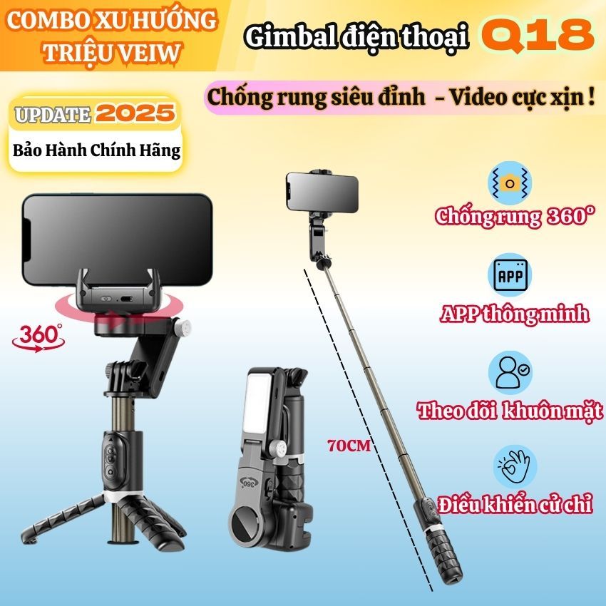 Gimball chống rung Q18 - Gậy quay phim điện thoại kéo dài, xoay 360 độ có dèn led | Shopee Việt Nam