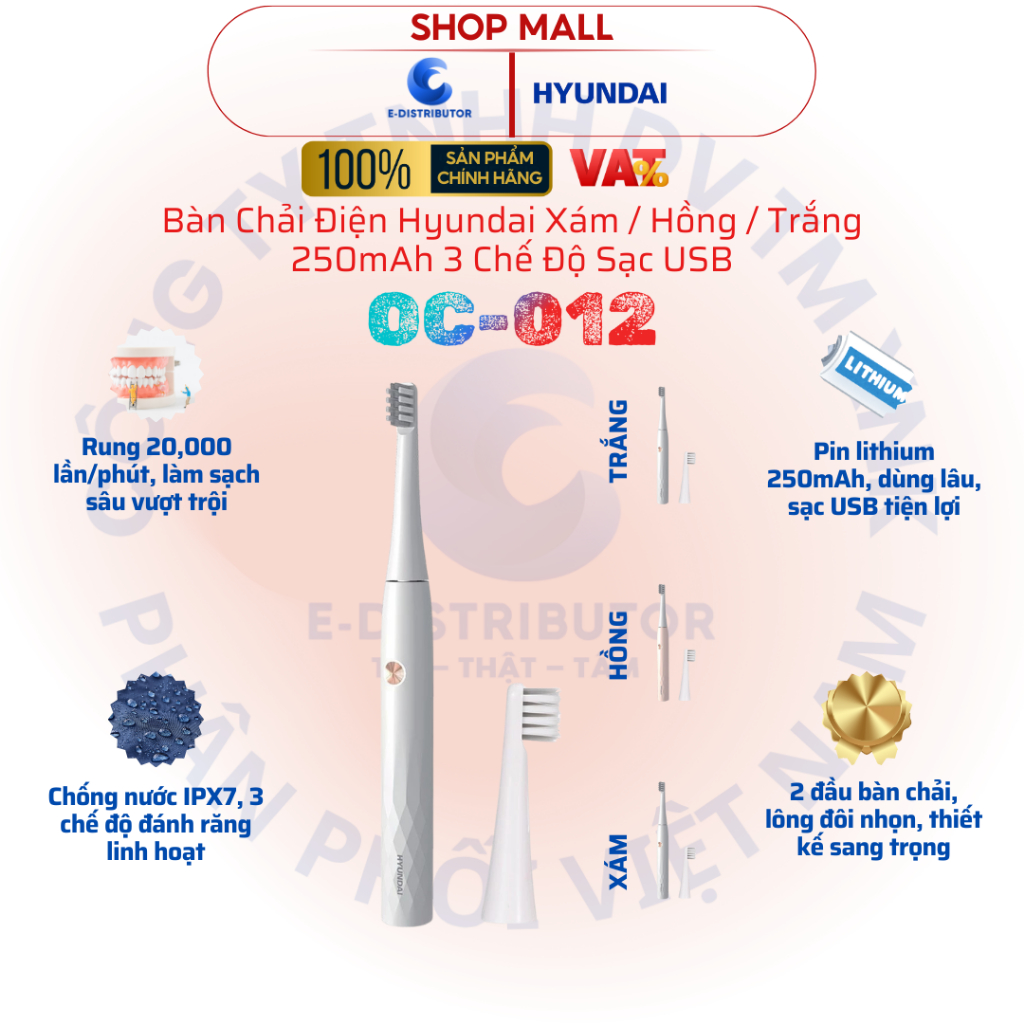 [HỎA TỐC] Bàn chải điện Hyundai OC-012-WH/PK/GY - Chống nước IPX7 - Pin Lithium 250mAh - Hàng ...