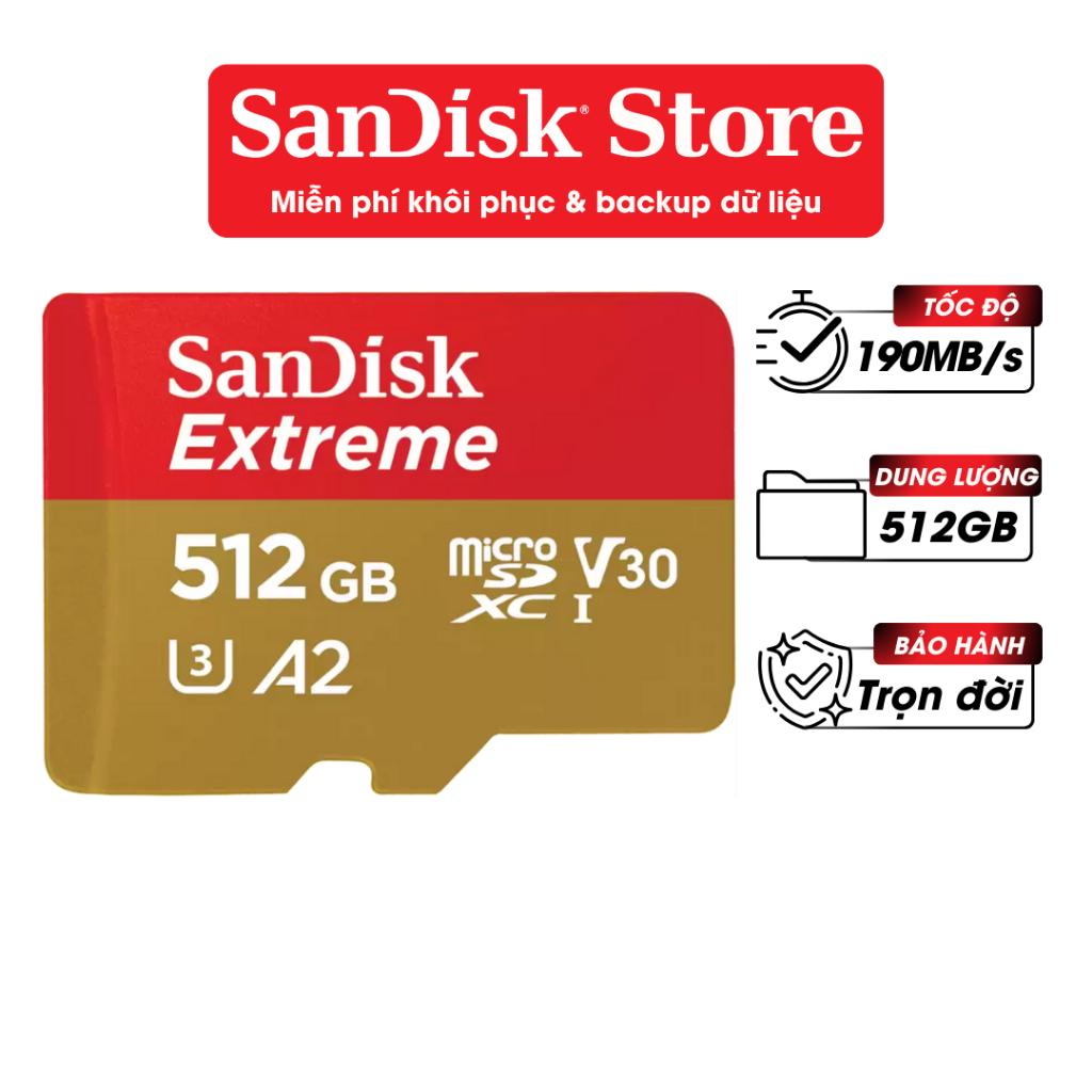 Thẻ nhớ MicroSDXC SanDisk Extreme 64G / 128GB / 512GB A2 C10 U3 V30 UHS-I upto 190MB/s SDSQXAH ...