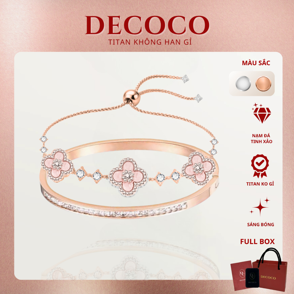 Set vòng tay cỏ 4 lá charm hoa & cuff titan không han gỉ ELISA DECOCO ( kèm Túi giấy + Hộp ...