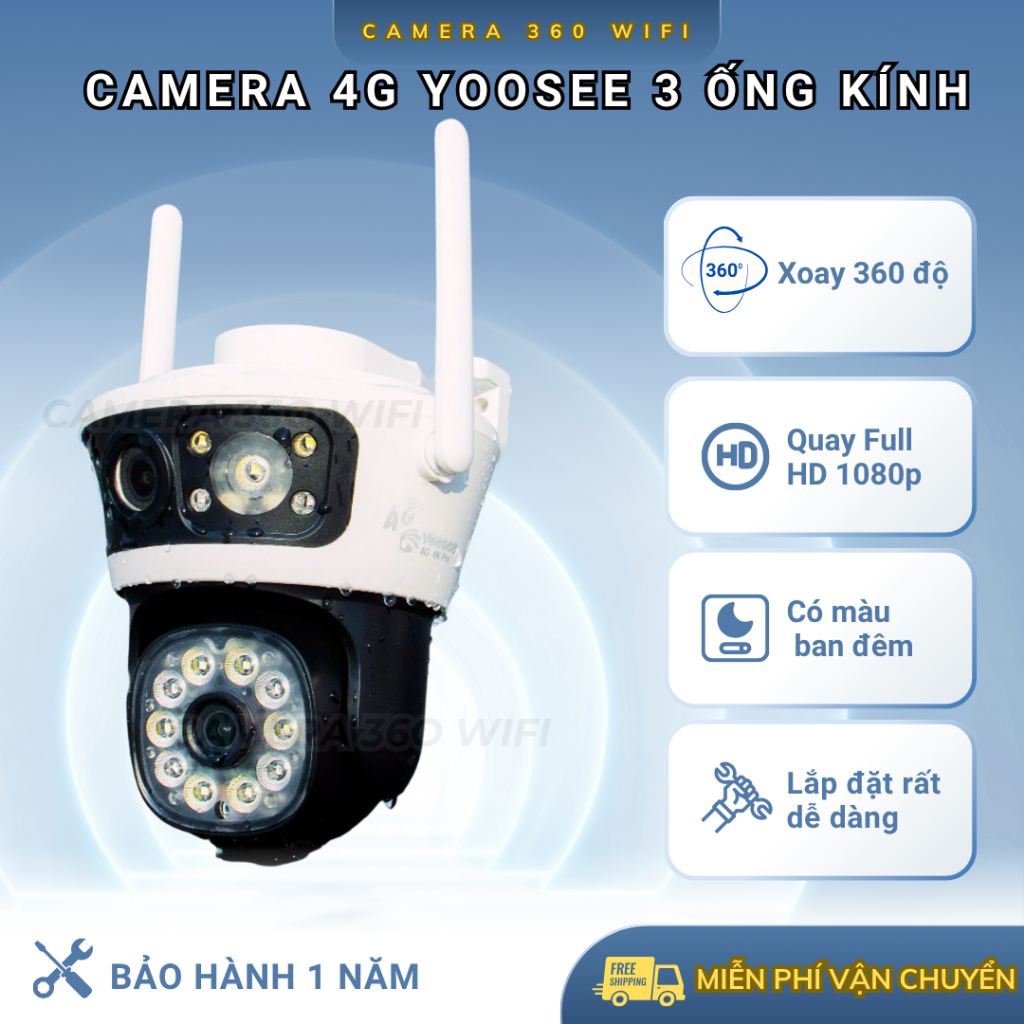 Camera 4g Yoosee 3 MẮT chống nước, xoay 360 độ,quay đêm có màu,thích hợp sử dụng ở vị trí không ...
