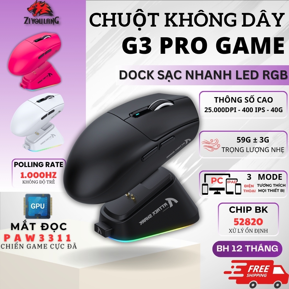 Chuột Không Dây Gaming Attack Shark G3 PRO - Cảm Biến PAW3311, Pin ...