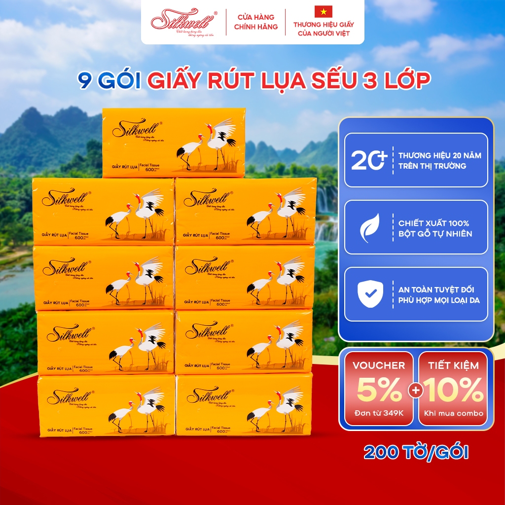 [Thùng 9 gói] khăn giấy rút lụa SILKWELL Sếu 200 tờ 3 lớp dày khổ lớn ...