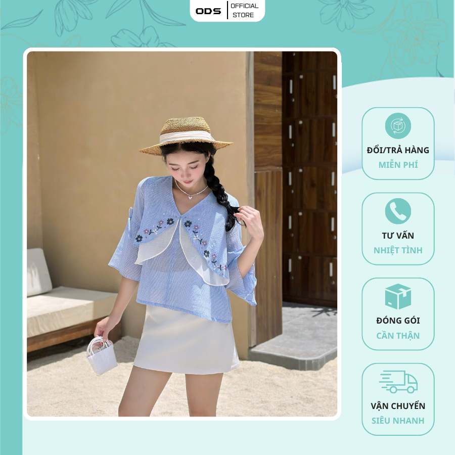 Áo Blue Caro ODS thiết kế 2 lớp, lớp ngoài 2 vạt công thêu hoa, lớp sau ...