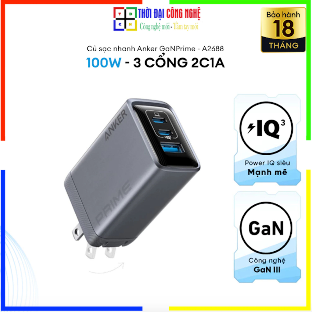 Củ sạc nhanh Anker GaN Prime A2688 100W - hỗ trợ PD/PPS 2.0 - 3 cổng 2C1A sạc 3 thiết bị cùng ...