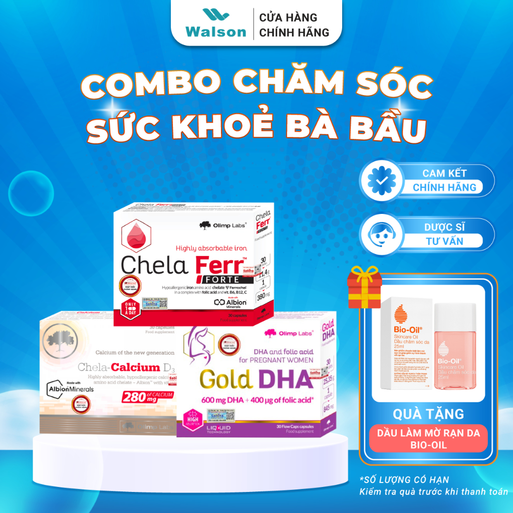 Combo Sắt Canxi DHA Cho Bà Bầu Chela Calcium D3 + Chela Ferr Forte + Gold DHA Olimp Labs (3 Sản ...