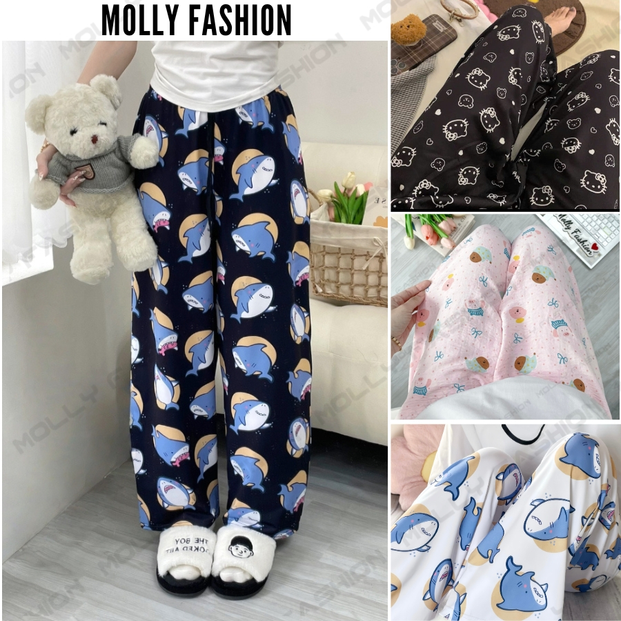 Quần dài nữ BST01 thun lạnh freesize 38-62kg | Ống suông hoạt hình mặc nhà Molly Fashion ...