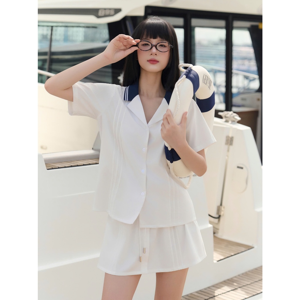 GERME Set đồ dạo phố nữ Yuni Set Áo sơ mi suông rộng cổ Polo AVNL062505, Chân váy nữ cạp chun ...