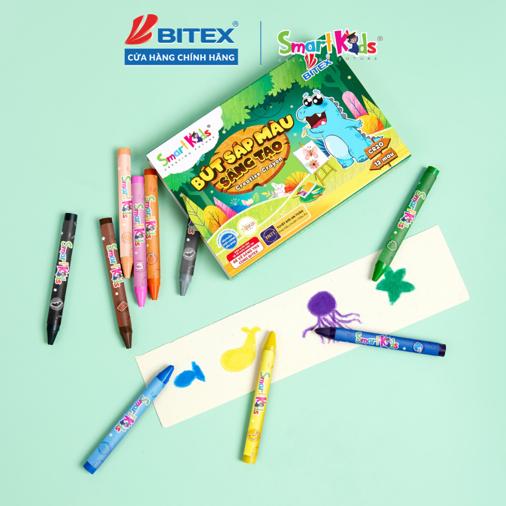 Bút sáp màu siêu bám màu, siêu mịn Sáng tạo Smartkids DINO CR20 12 màu tô dành cho trẻ mẫu giáo ...