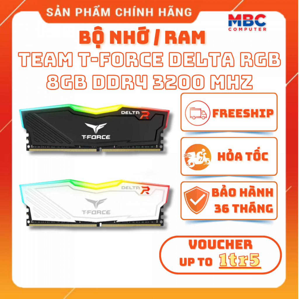 Bộ nhớ/ RAM Team T-Force Delta Black RGB 8GB (1x8GB) DDR4 3200 Mhz ...