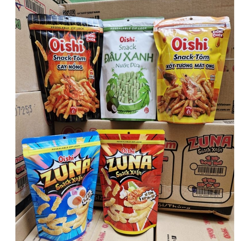 Snack Oishi Tôm Cay Nồng/Xốt Tương Mật Ong/Đậu Xanh Nước Dừa Túi Zip ...